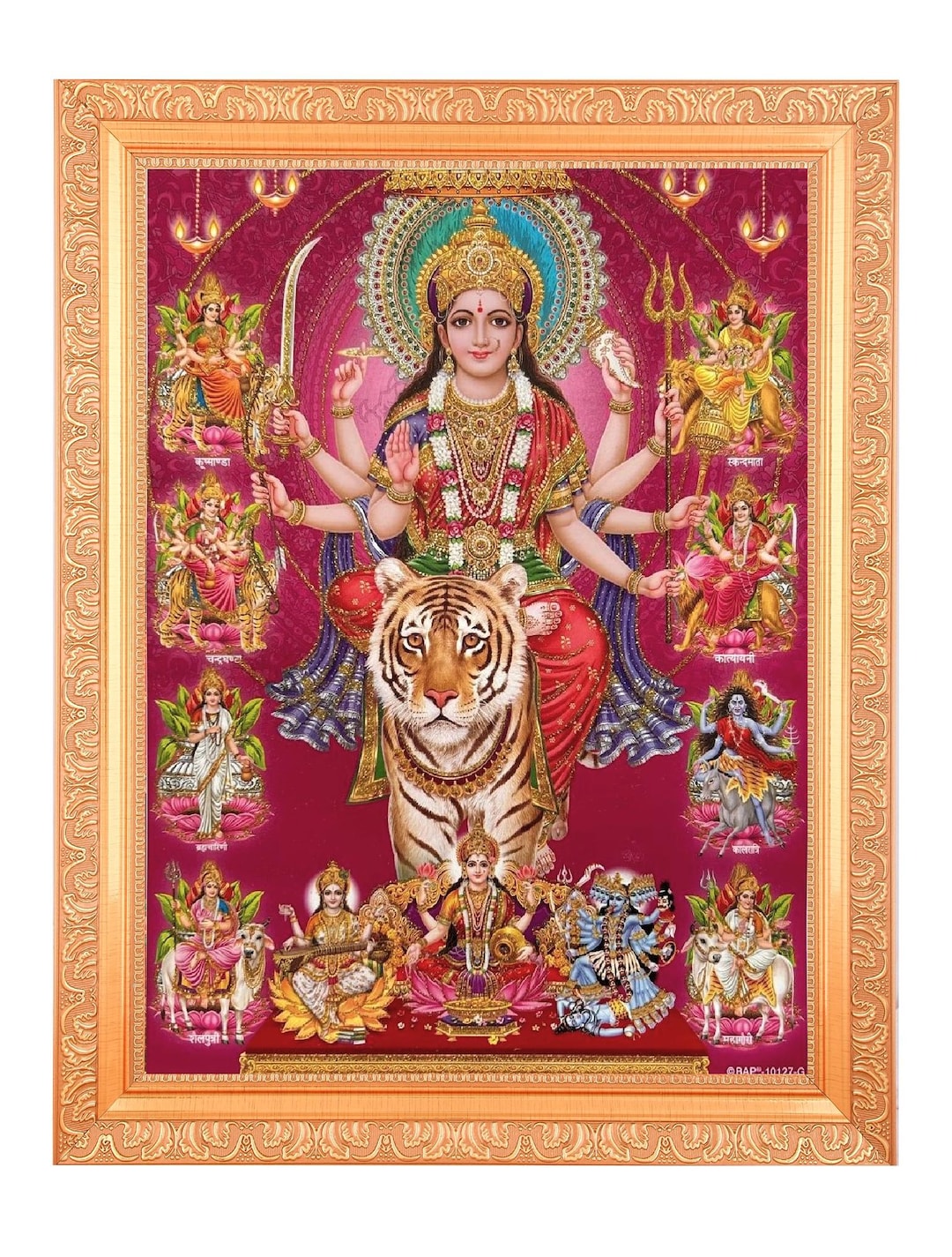 Maa Durga Nav Roop Zari Art Print Photo in Golden Artwork Frame 11 X 14 ...