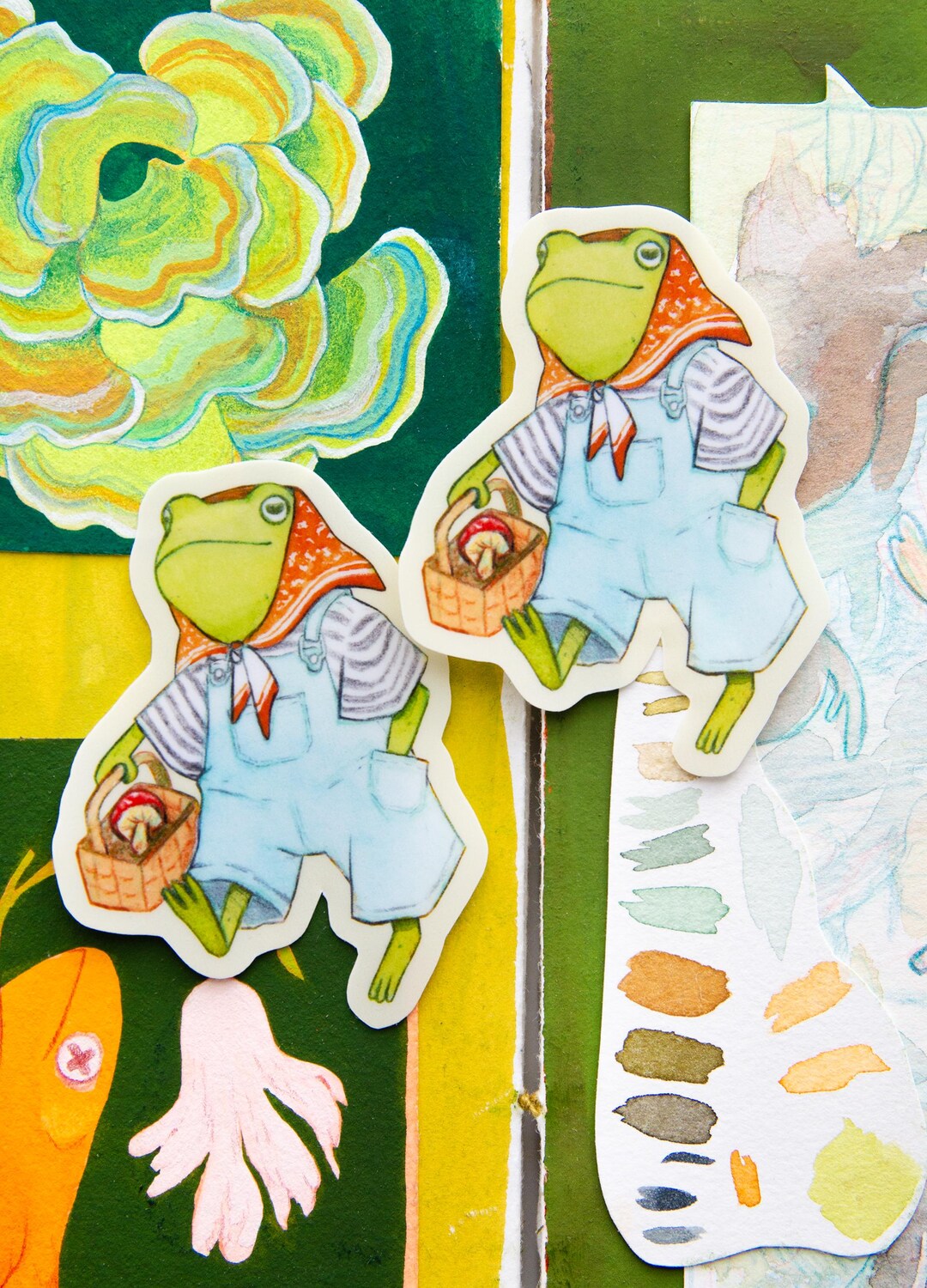 Whimsical Frog Mushroom Sticker Cute Frog With Basket of Mushrooms in ...