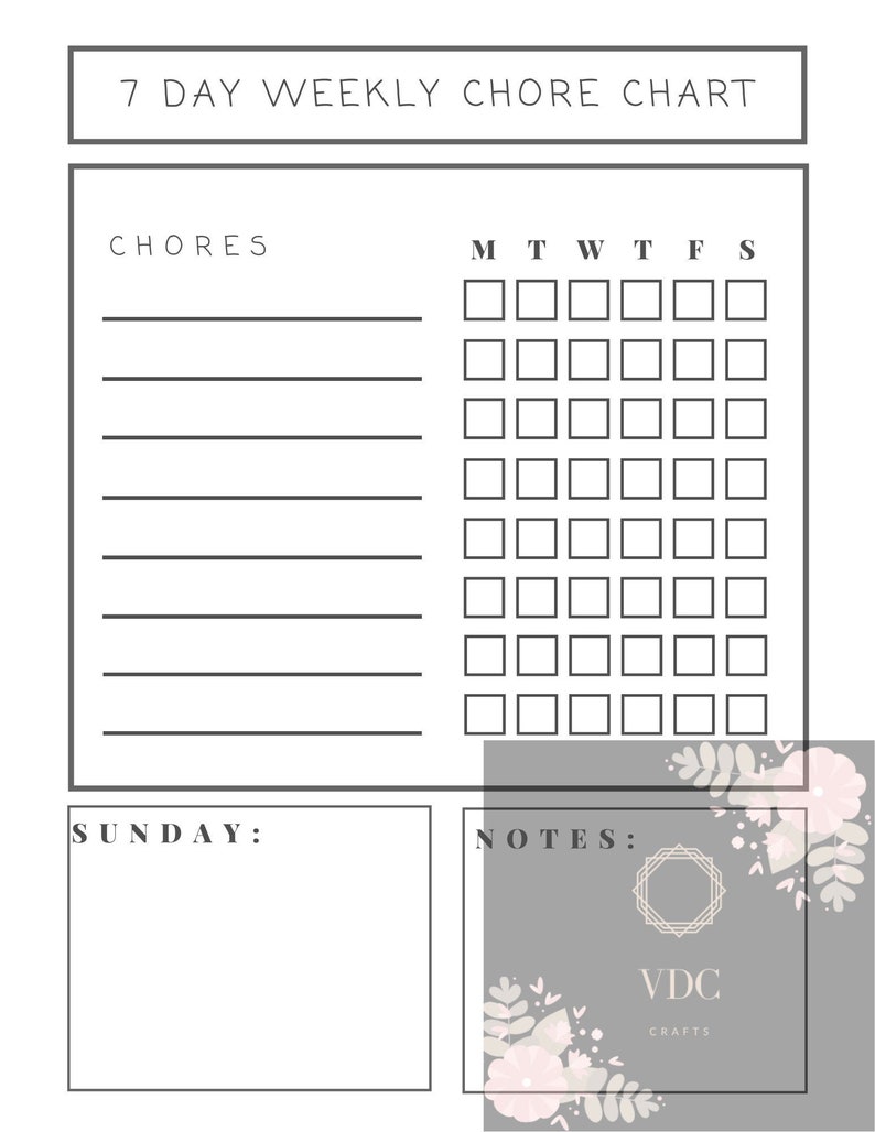 7 Day Weekly Chore Chart - Etsy