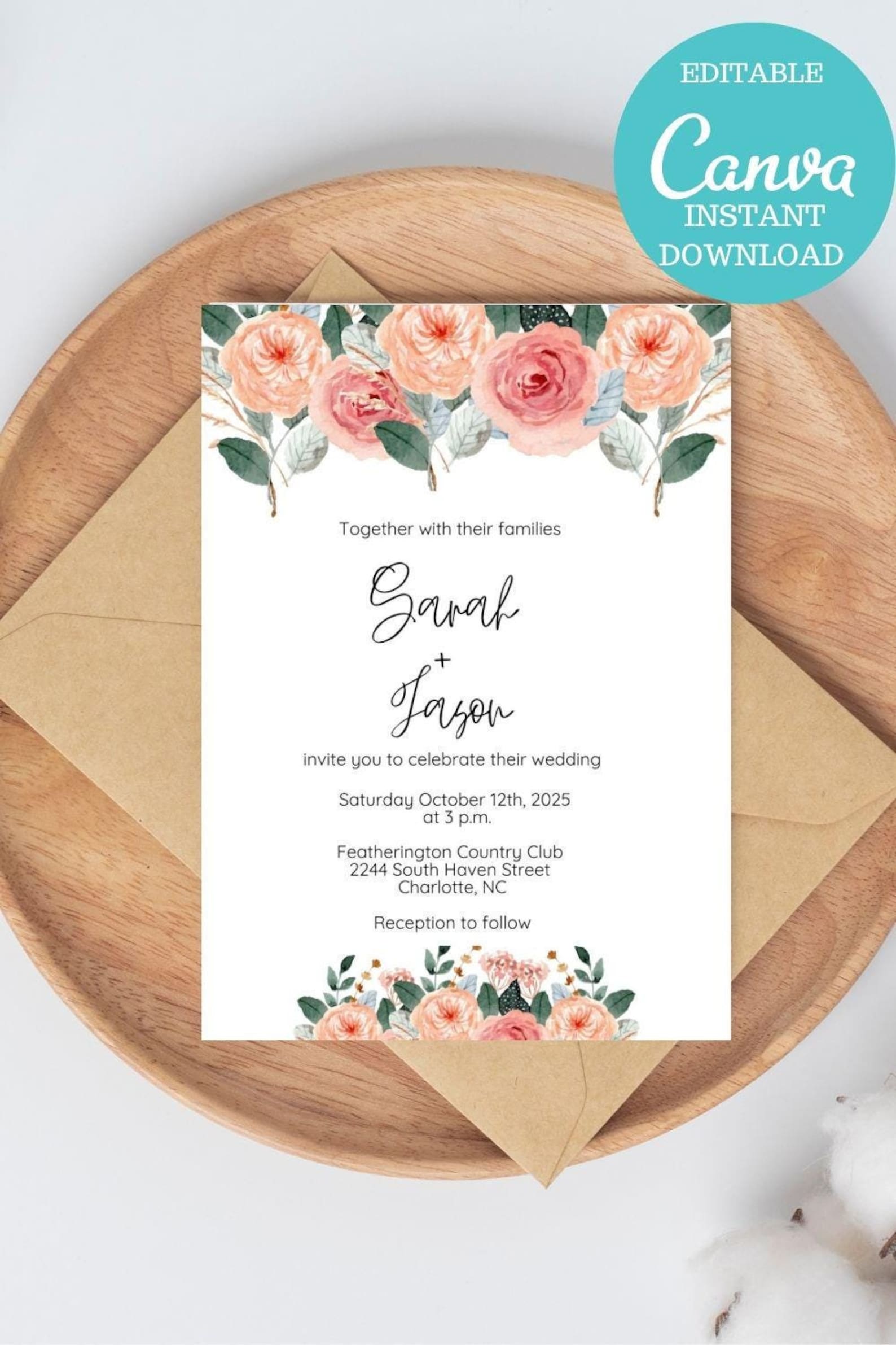 Peach Floral Wedding Invitation - Etsy