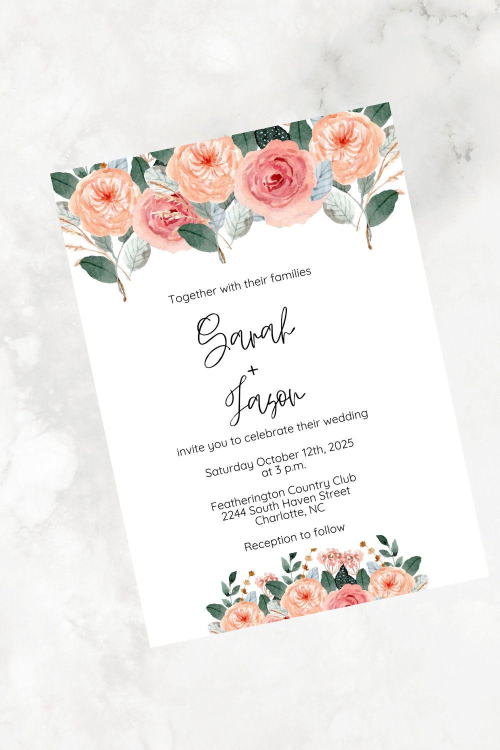 Peach Floral Wedding Invitation - Etsy