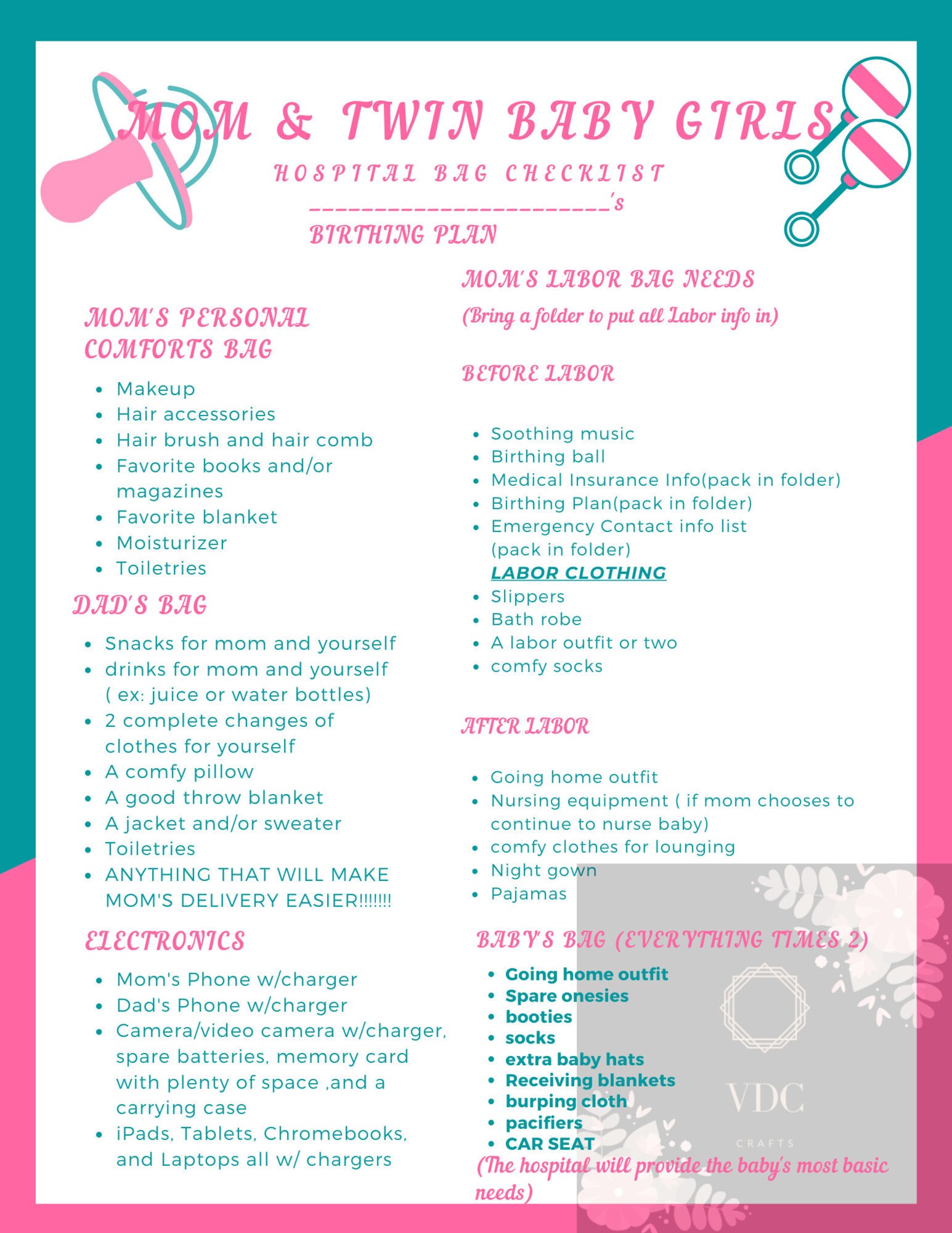 Mom & Baby Hospital Bag Checklist Twin Girls - Etsy