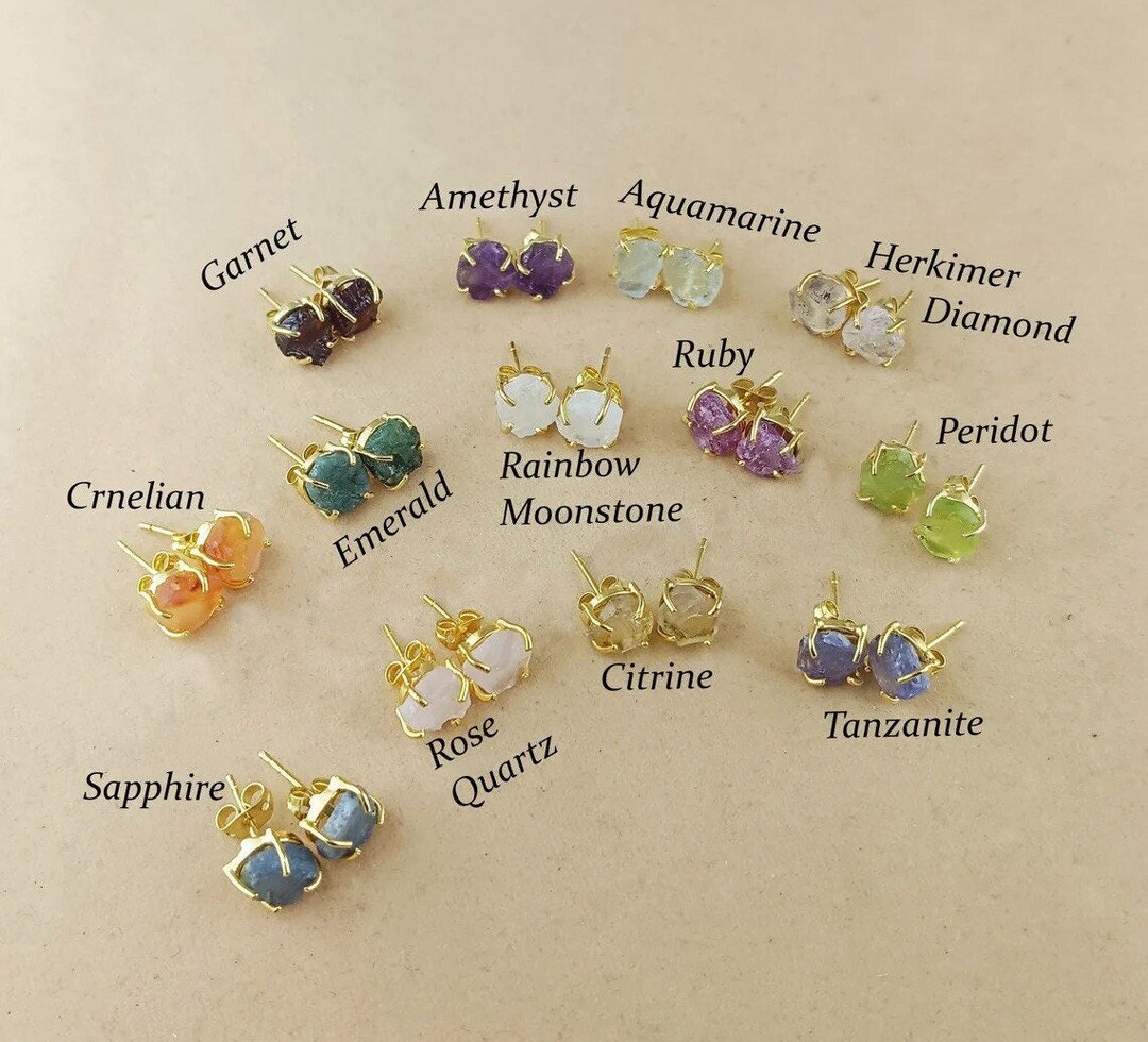 Gemstone Stud Earrings, Raw Birthstone Gold Plated Prong Set Stud ...