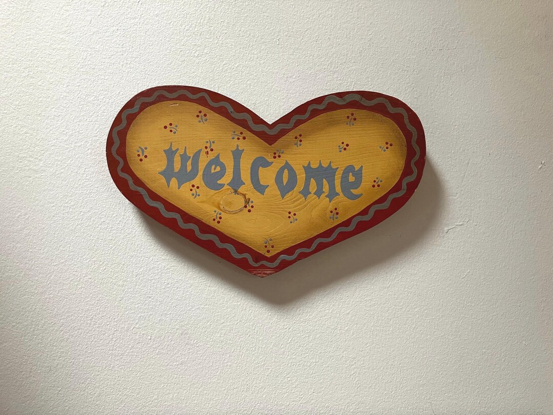 Vintage Folk Art Heart Welcome Sign: Hand Painted Wood Plaque - Etsy