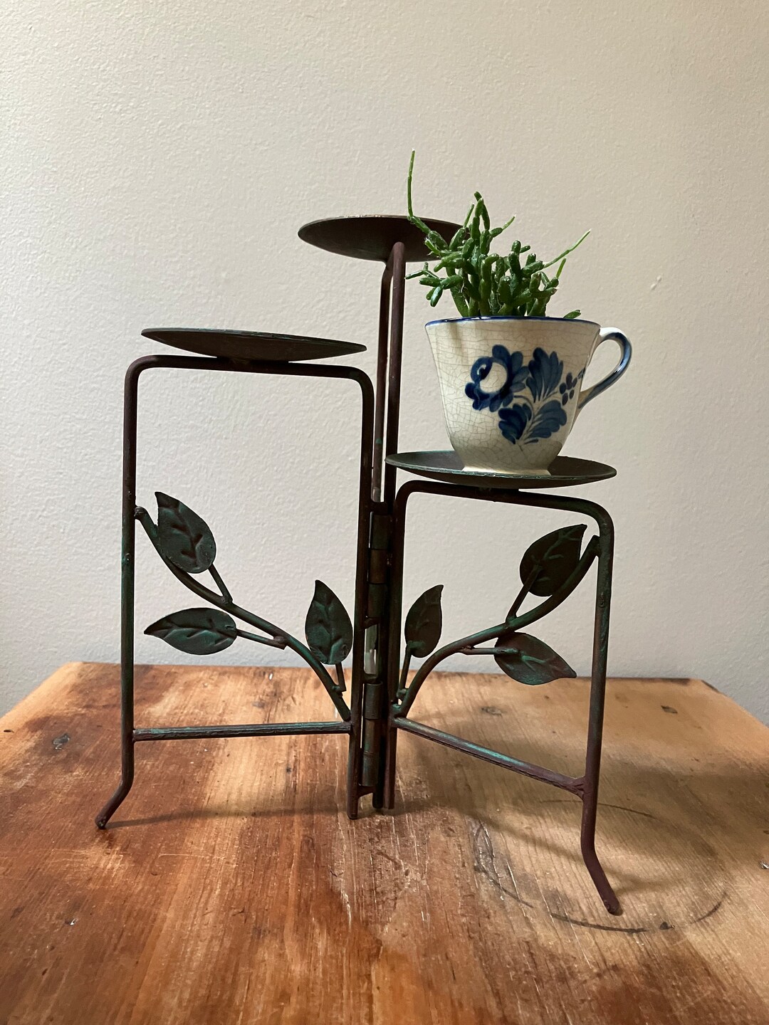 Vintage Metal Display Stand Rustic Verdigris Small Plant Riser Folding ...