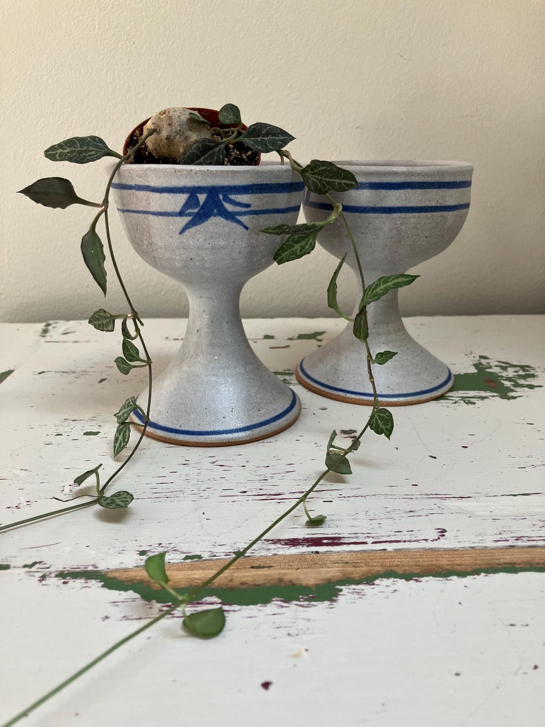 Pottery Goblet Vessel | Gray & Blue Bird Earthenware Stemmed Vessels ...