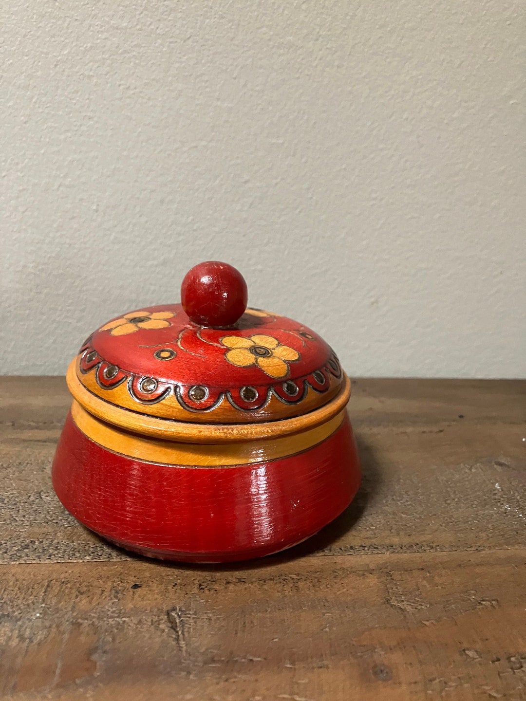 Vintage Hand-painted Folk Art Wood Box | Round Lidded Trinket Box Made ...