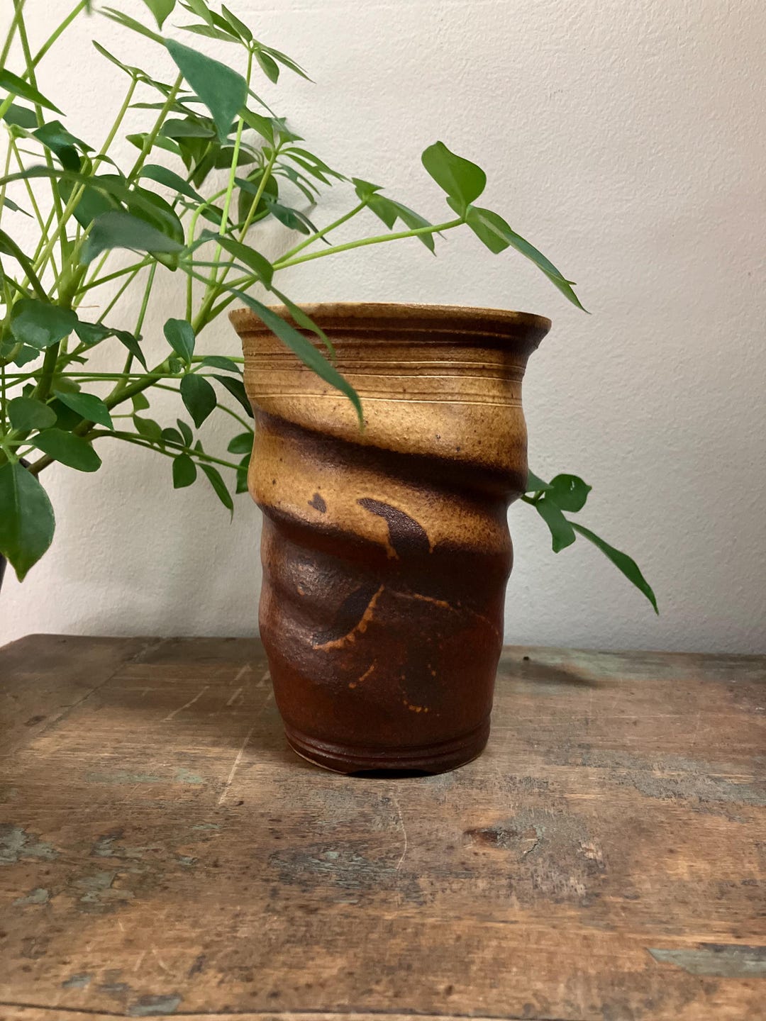 Vintage Mustard Brown Studio Pottery Vase | Swirled Earthenware Vase ...