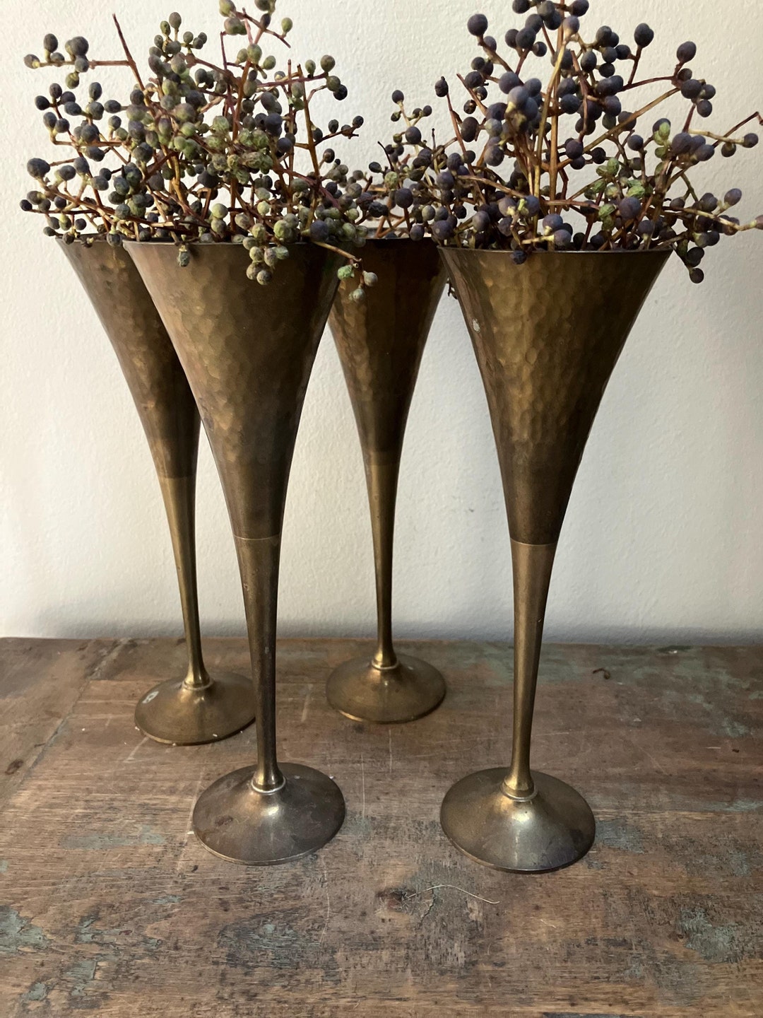 Vintage Brass Goblets | Set of Four Brass Flutes Hammered Brass Vintage ...