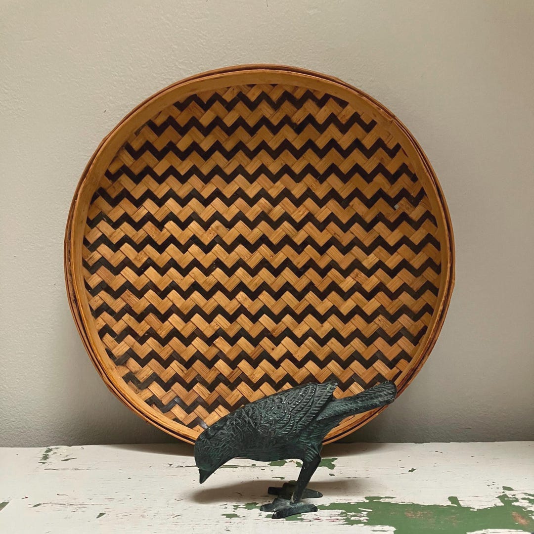 Vintage Woven Basket | Flat Zigzag Weave Wall Basket | Round Shallow ...
