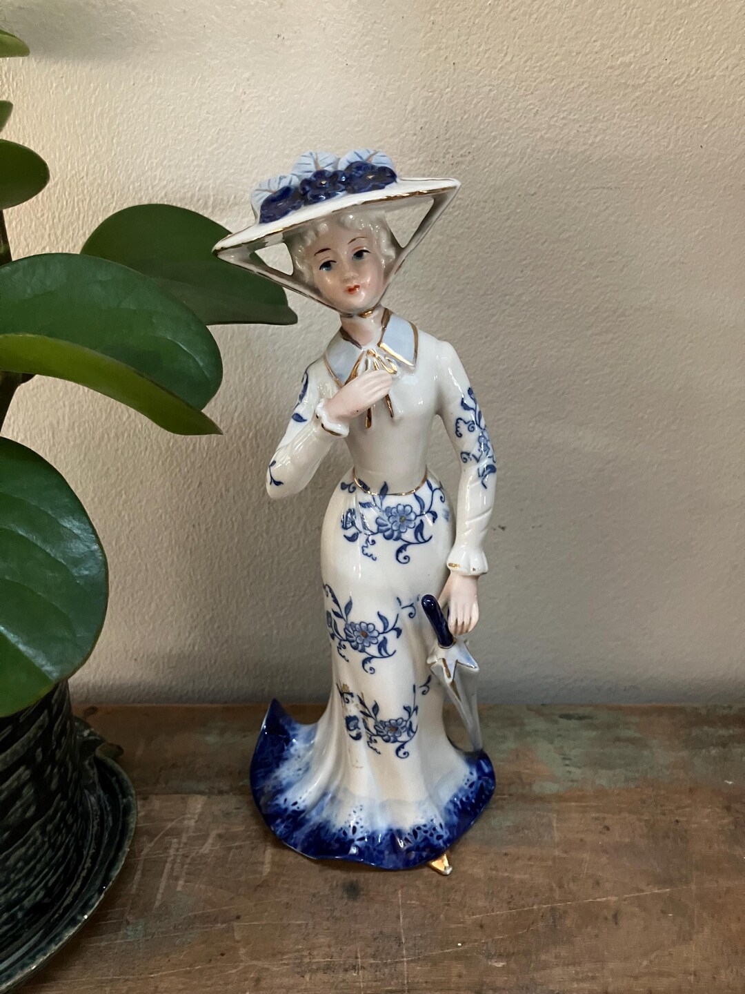 Vintage Blue and White Figurine | Victorian Lady Statue | Blue and ...