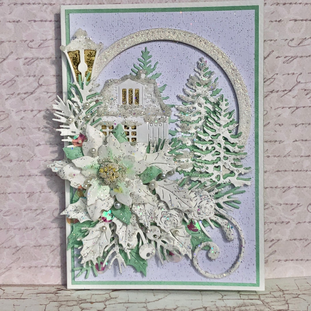 Merry Christmas Handmade Greeting Card, Christmas Trees, Poinsettia ...