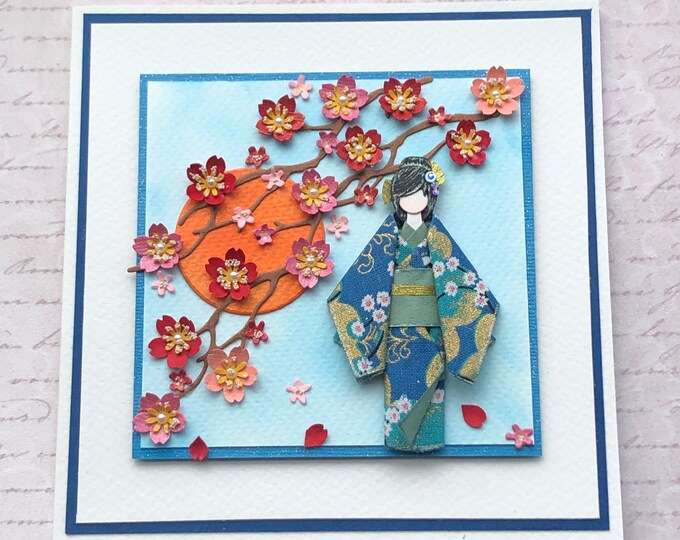 Cherry Blossom Card, Japanese Style Card, Origami Doll Card, All ...
