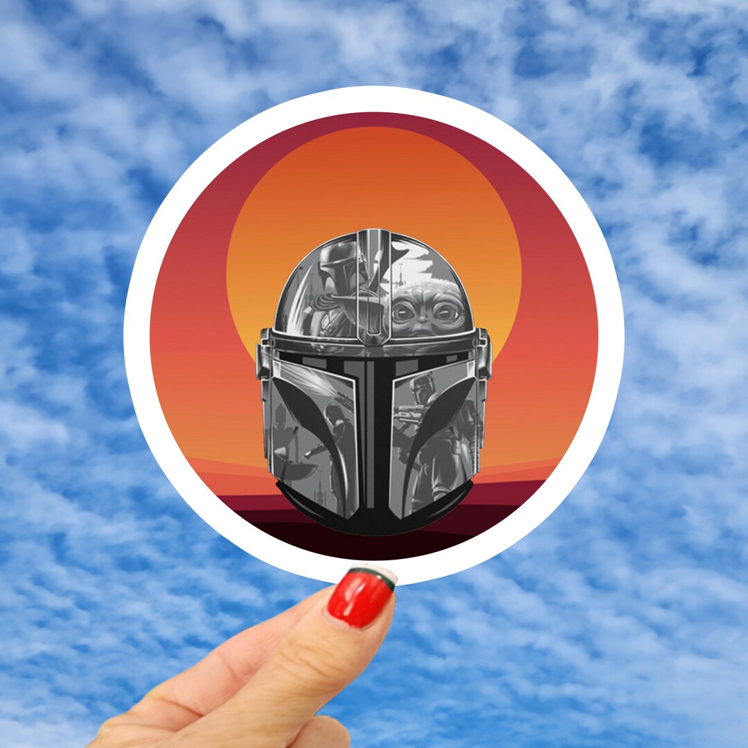 Mandalorian Helmet Tatooine Sunset Sticker, Mando Baby Yoda Sticker ...