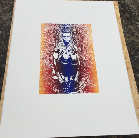 Handmade African Lino Print Bodi Woman Sitting 760x570mm | Etsy