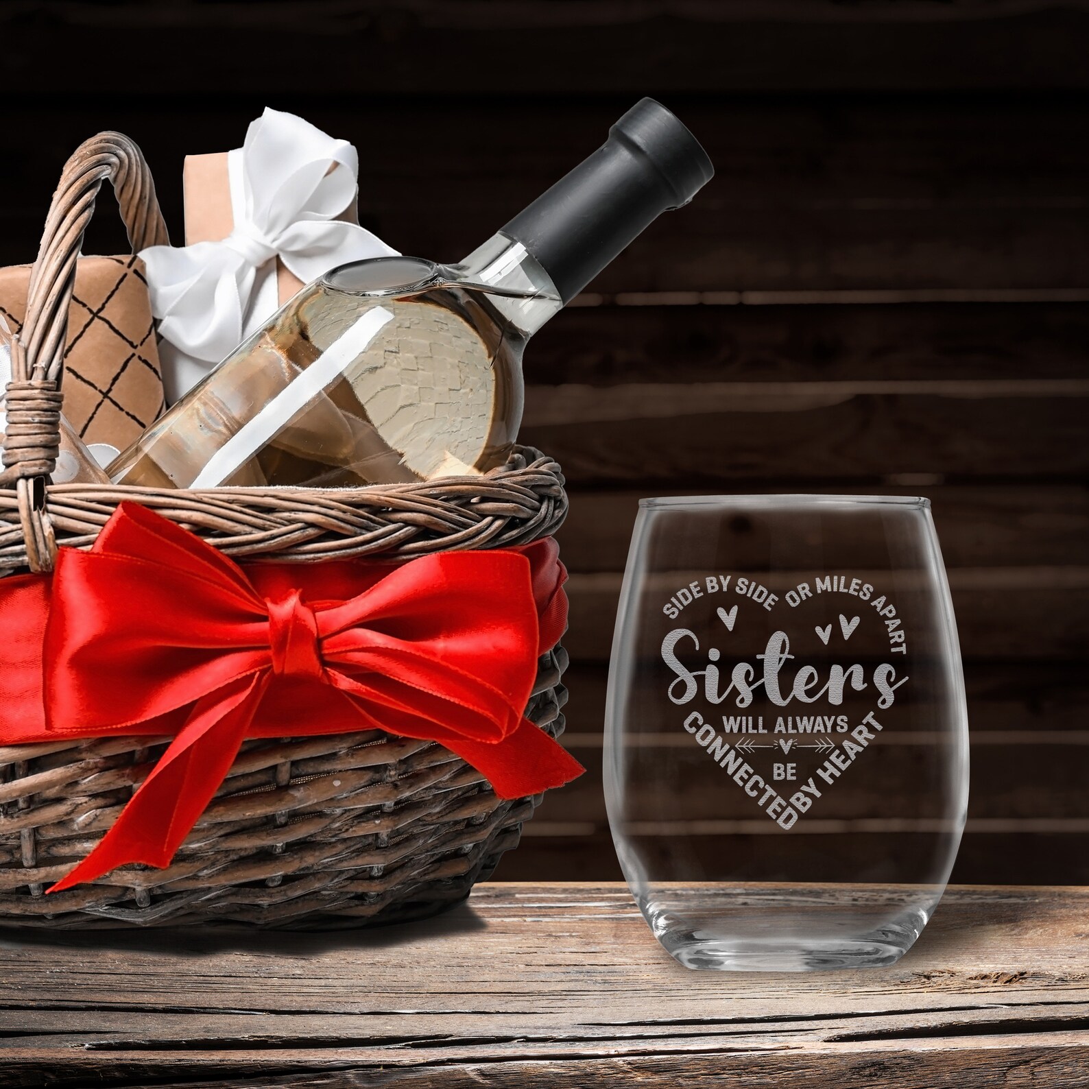 Wine Glass for Sisters • Sisters Connected by Heart Engraved Stemless ...