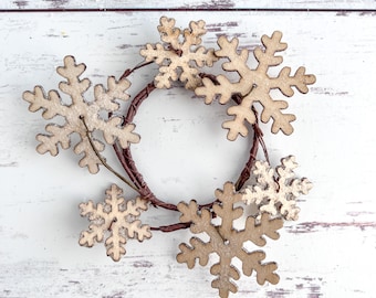 Glittered Natural Wood Snowflake Candle Ring / Mini Wreath 4.5" Inner ...