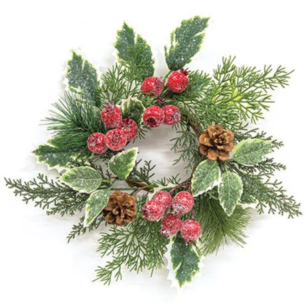 Icy Winterberry Holly & Pine Candle Ring / Wreath 4" Inner Diameter ...