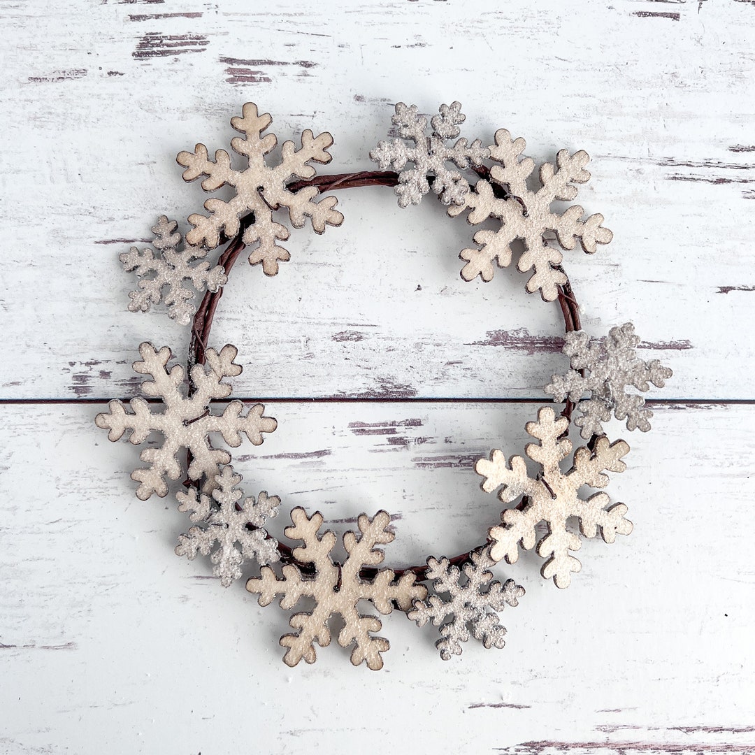 Glittered Natural Wood Snowflake Candle Ring / Mini Wreath 4.5 Inner ...