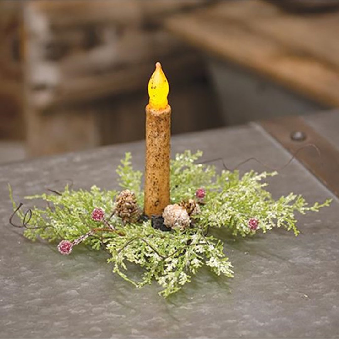 Frosty Red Berry & Cone Mini Taper Candle Ring 1.5