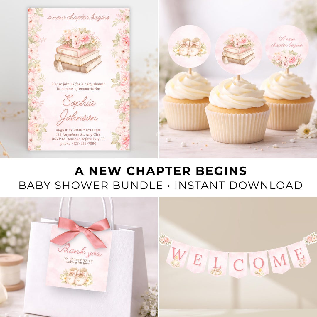 A New Chapter Begins, Pink Baby Shower Bundle, Editable Invitation ...