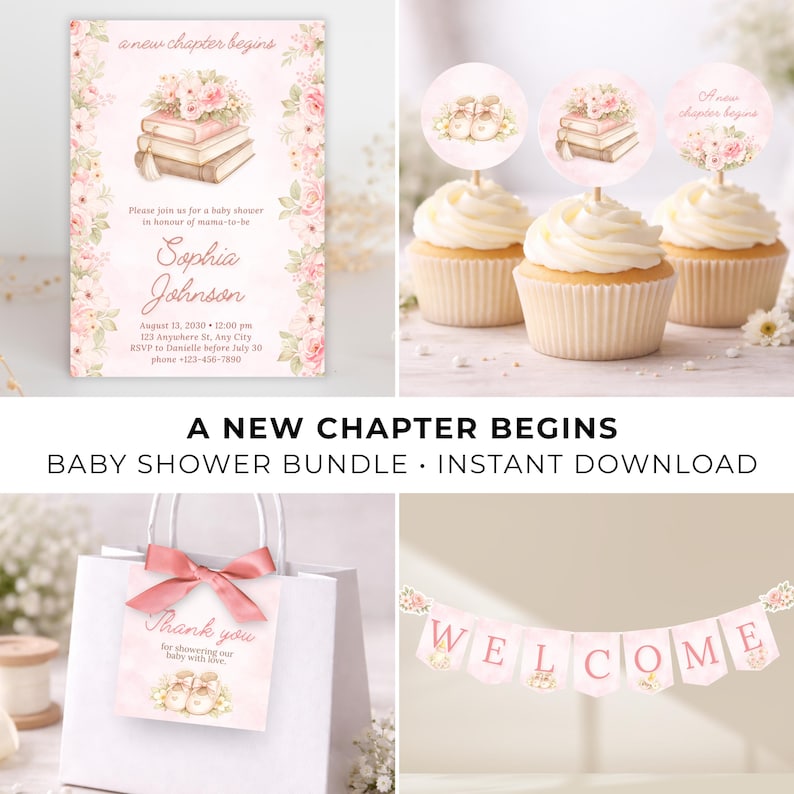 A New Chapter Begins, Pink Baby Shower Bundle, Editable Invitation ...