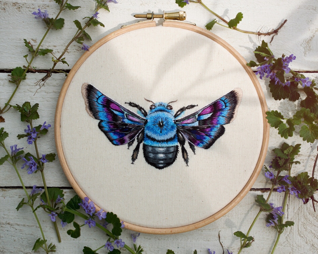 Hand Embroidered Blue Carpenter Bee. Hand Embroidery. Thread Painting ...
