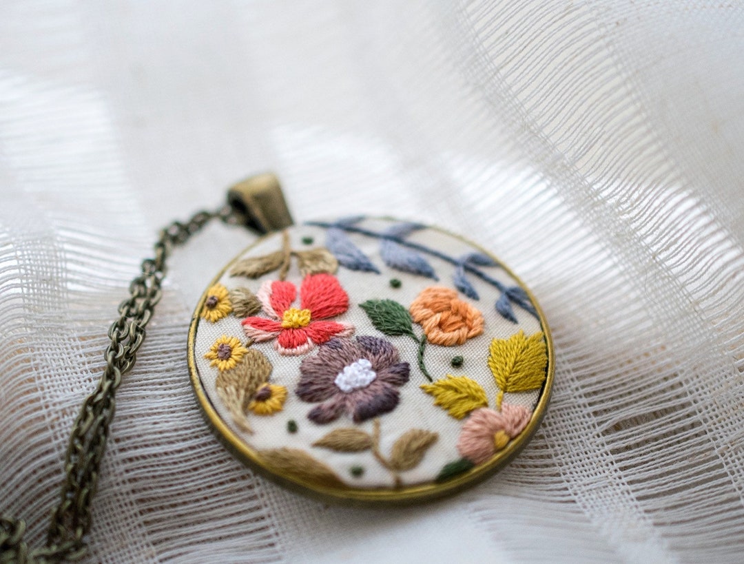 Large Hand Embroidered Necklace. Floral Embroidery. Floral - Etsy