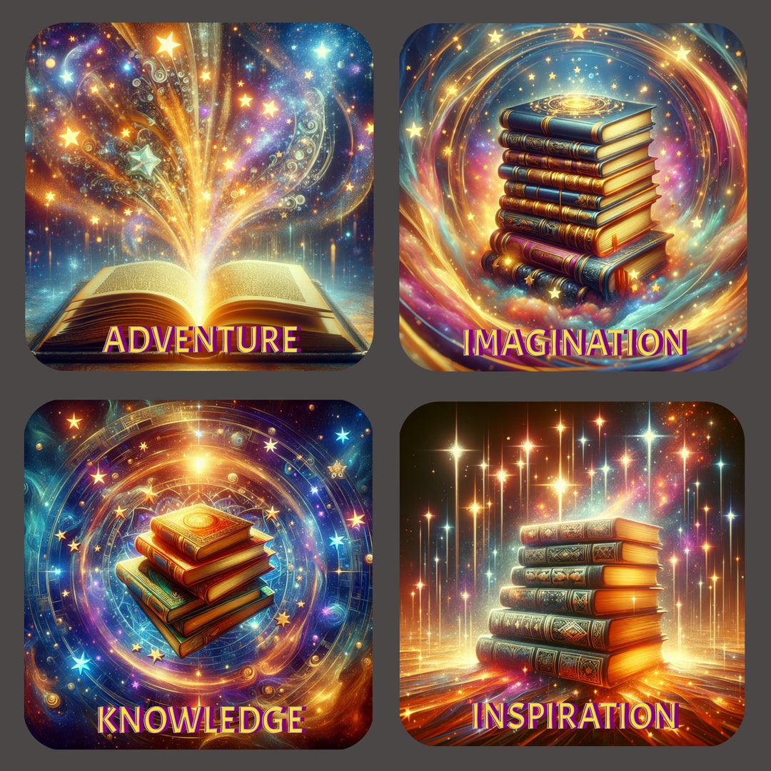 Magic of Books Coasters Set of 4, Vibrant Colorful Art on High Gloss ...