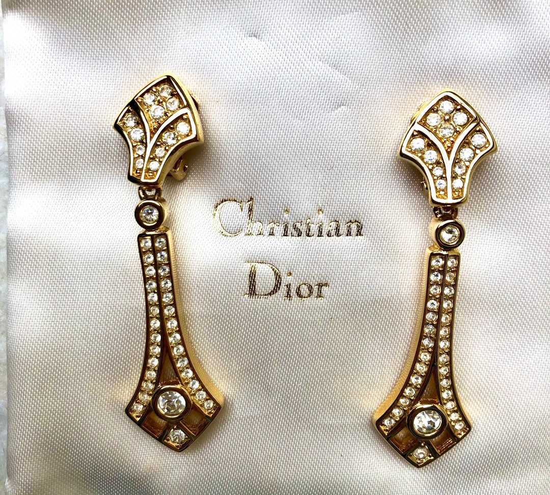 Christian Dior Art Deco Style Rhinestone, Gold Plated Dangle Clip Earrings With CD Pouch ...