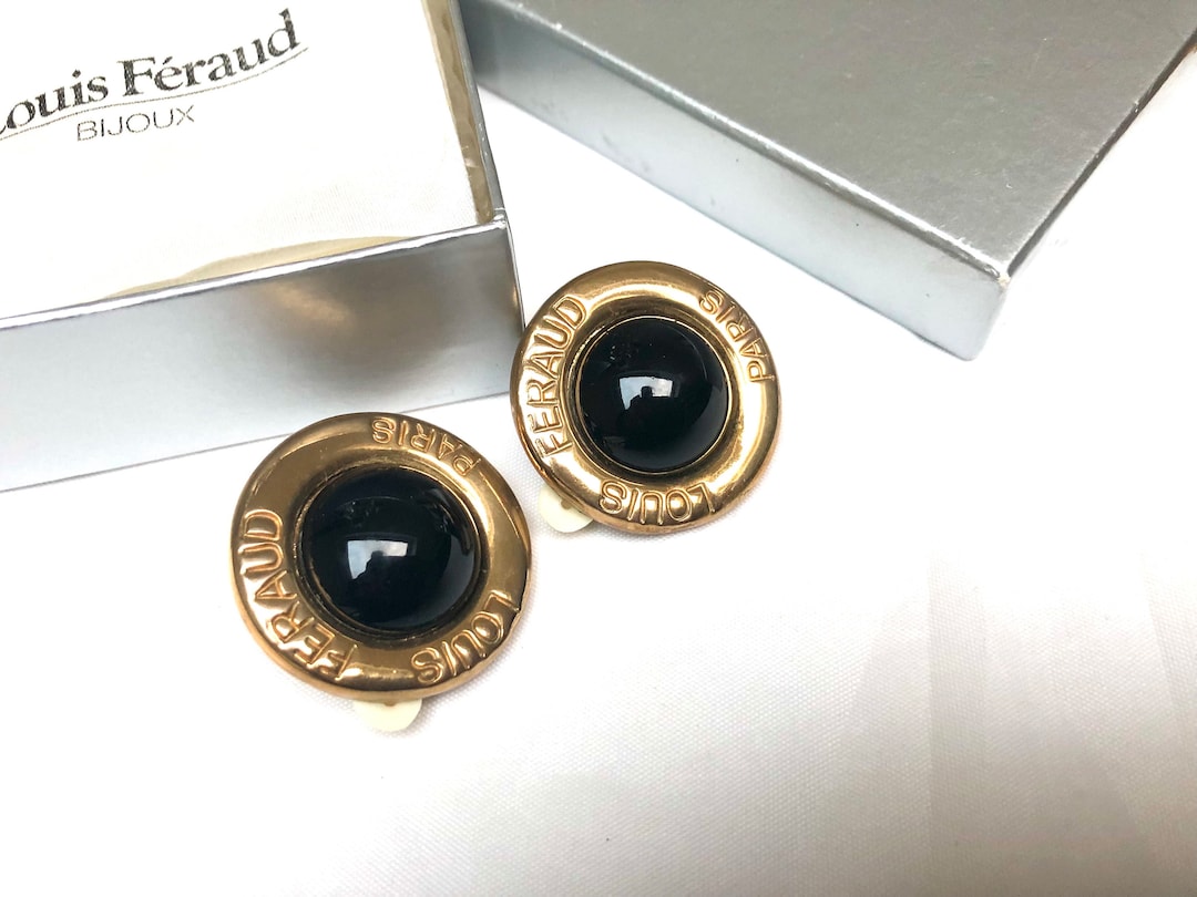 Vintage Louis Feraud Bijoux Logo Black Cabochon Designer Clip Earrings ...
