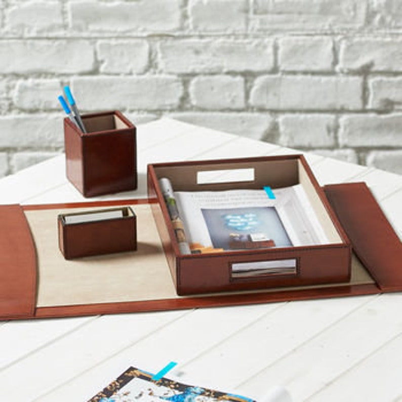 Personalised Tan Leather Deluxe Desk Set Office and Business - Etsy