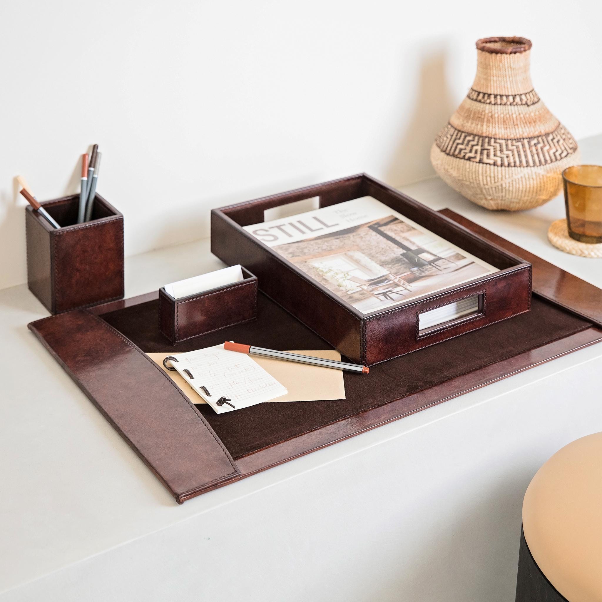 Personalised Brown Leather Deluxe Desk Set - Office and Business ...