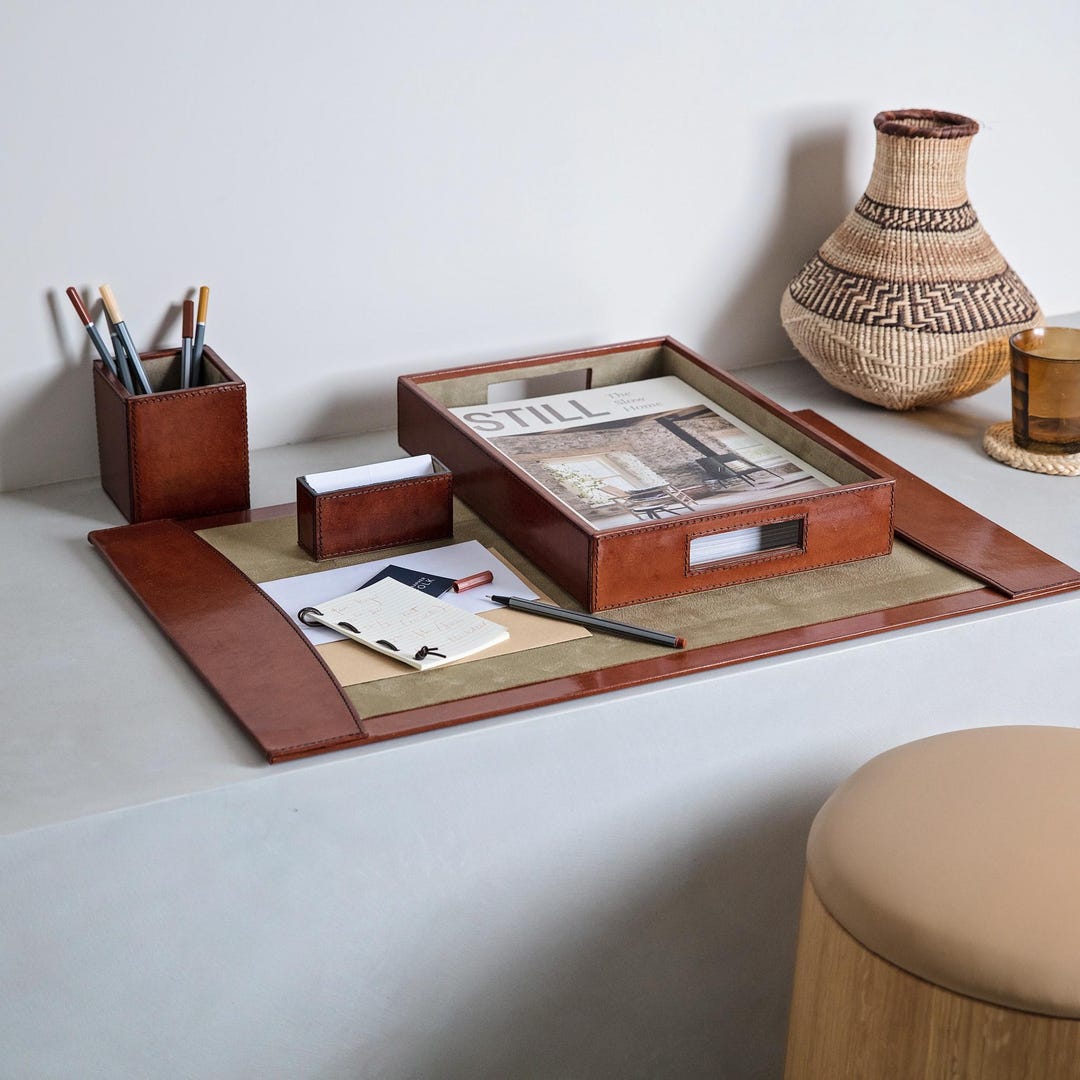 Personalised Brown Leather Deluxe Desk Set - Office and Business ...