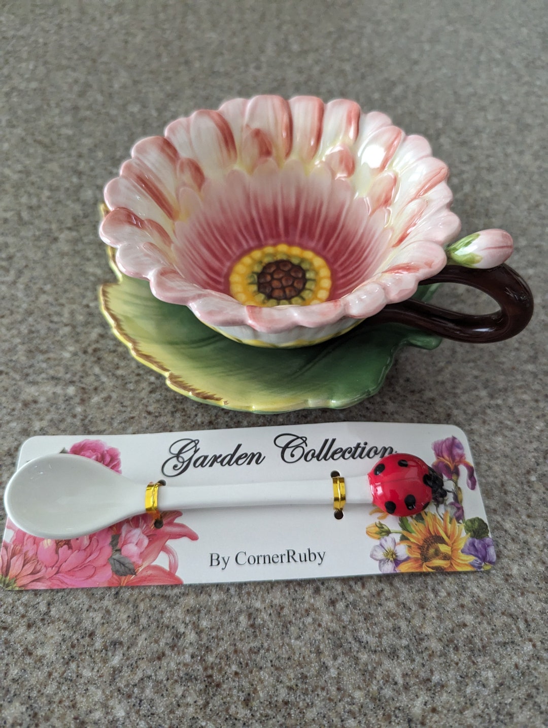 Corner Ruby Garden Collection Teacup Set/leaf Saucer Lady Bug Spoon - Etsy