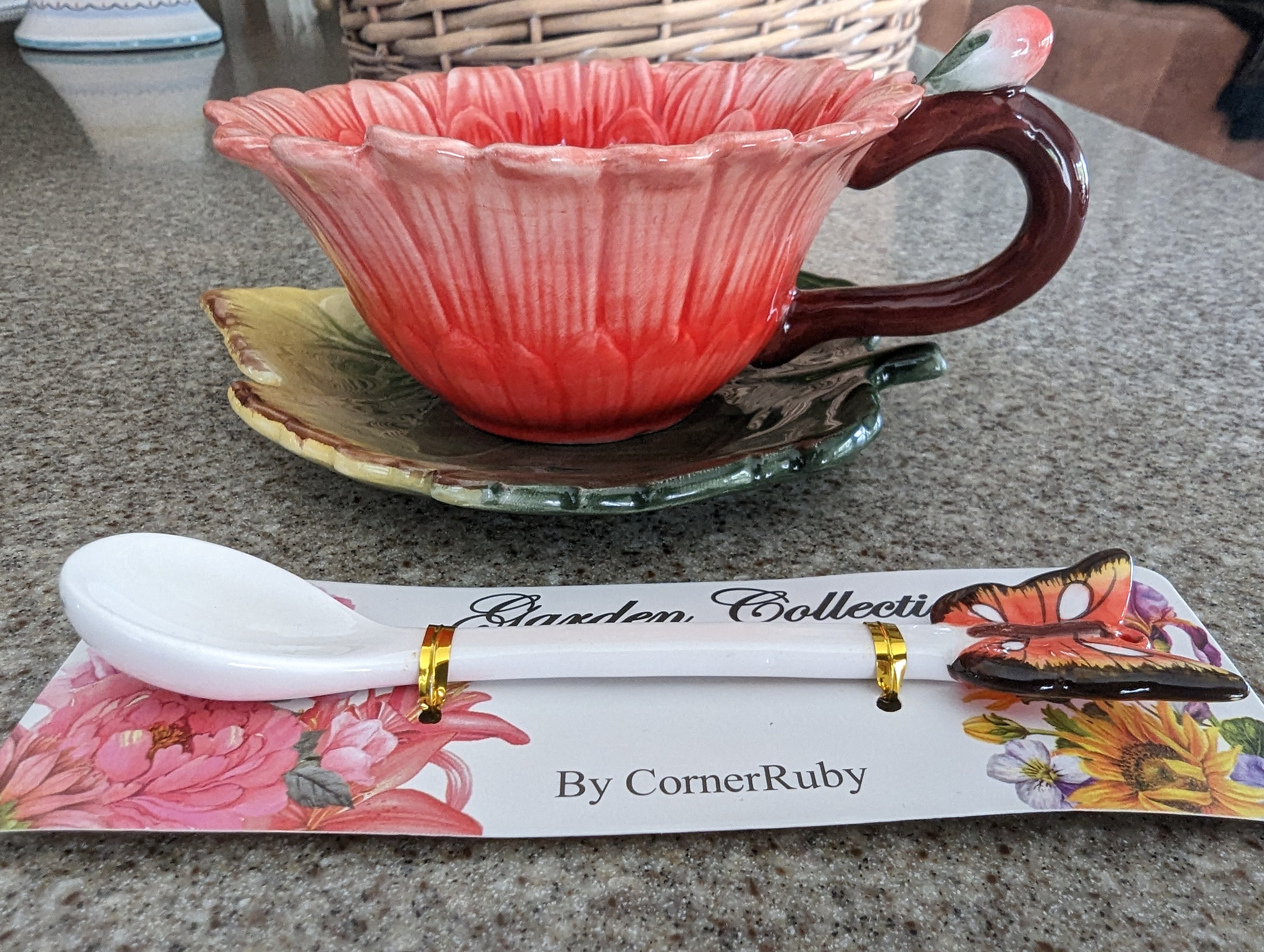 Corner Ruby Garden Collection Teacup Set/leaf Saucer Butterfly Spoon - Etsy