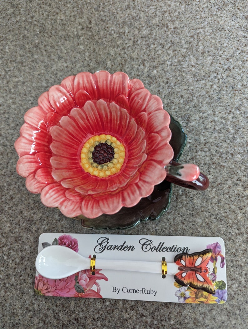 Corner Ruby Garden Collection Teacup Set/leaf Saucer Butterfly Spoon - Etsy