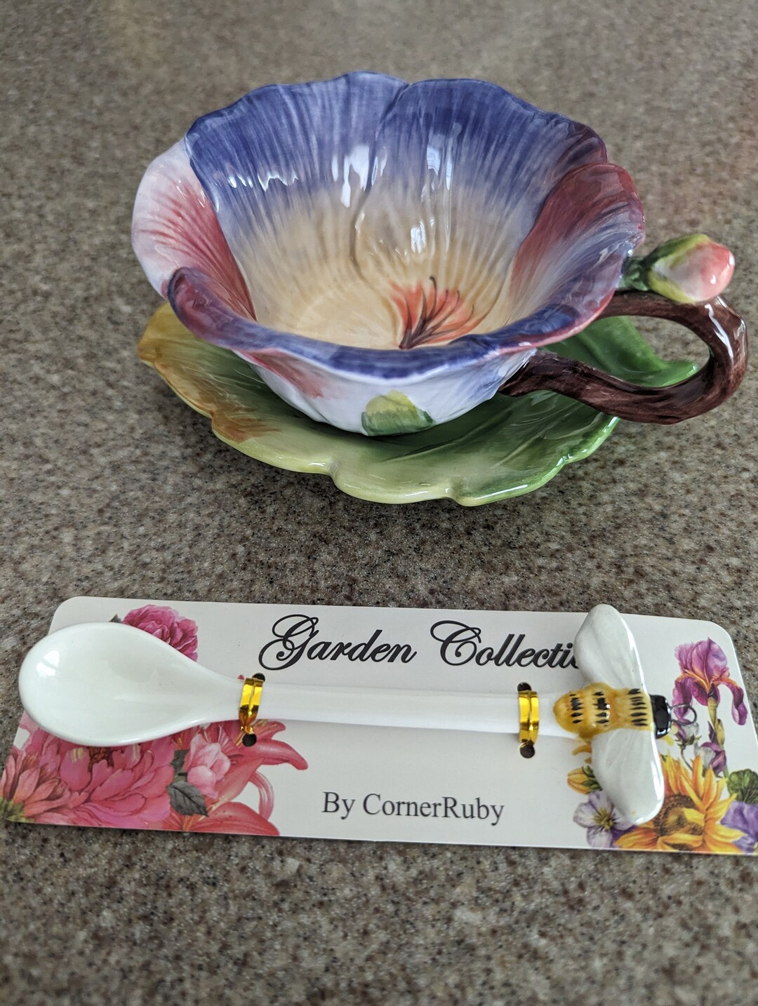 Corner Ruby Garden Collection Teacup Set/leaf Saucer/ Butterfly Spoon ...