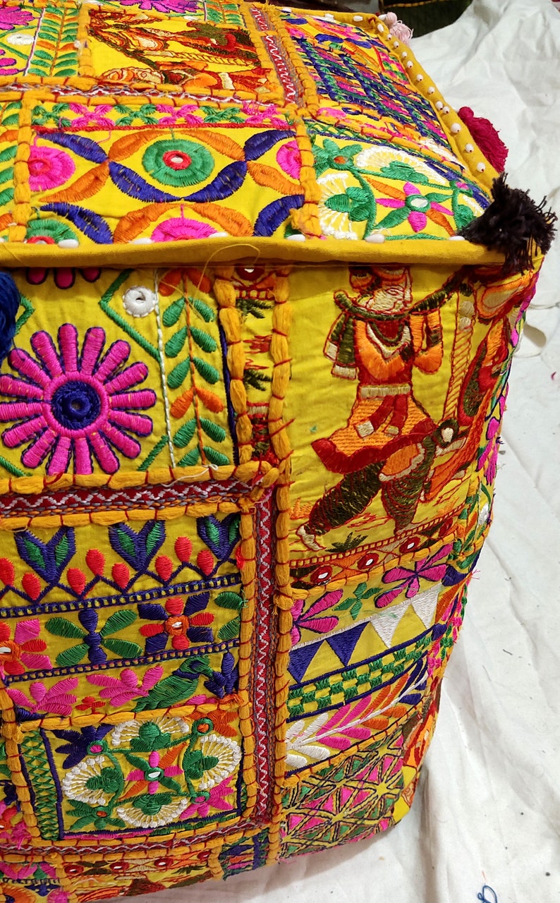 Indian Yellow Color Vintage Square Pouf Cover 100% Cotton | Etsy