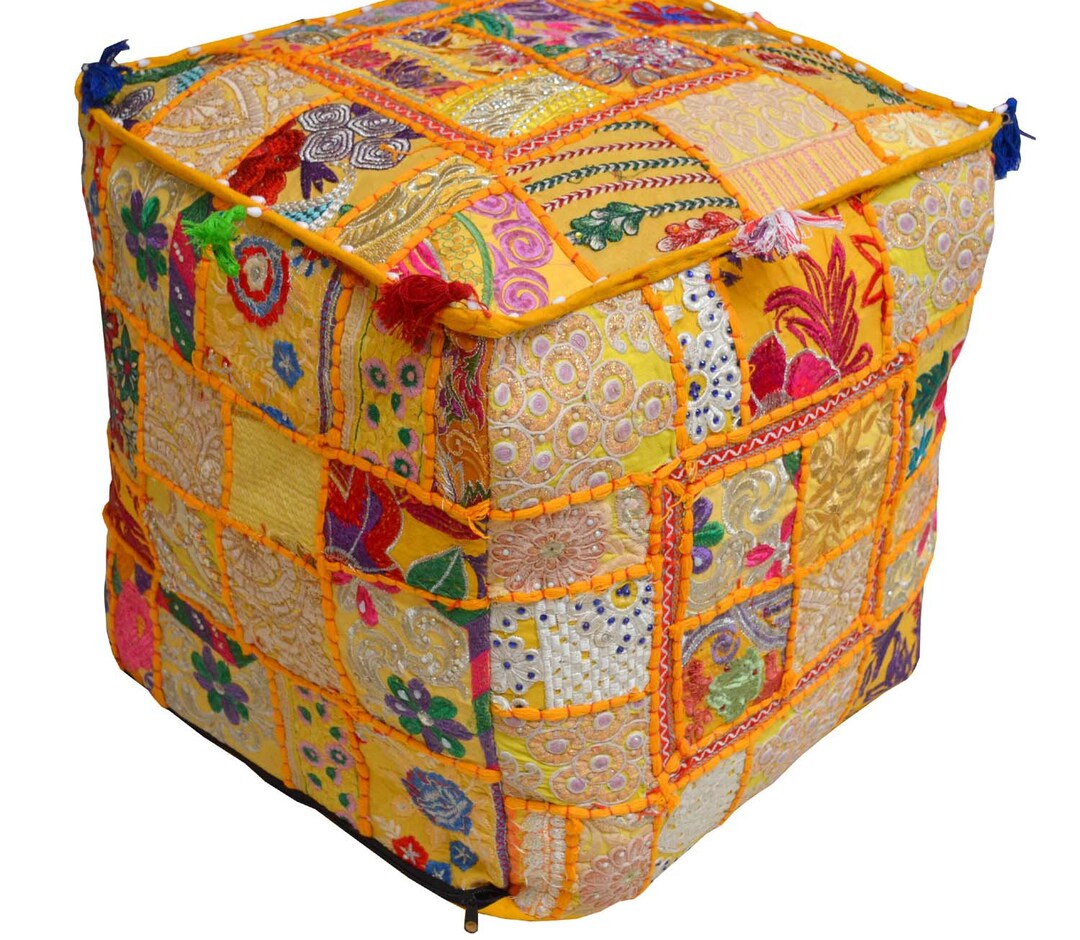Indian Vintage Square Pouf Cover 100% Cotton Patchwork Ottomans Handmade Footstool Bohemian ...