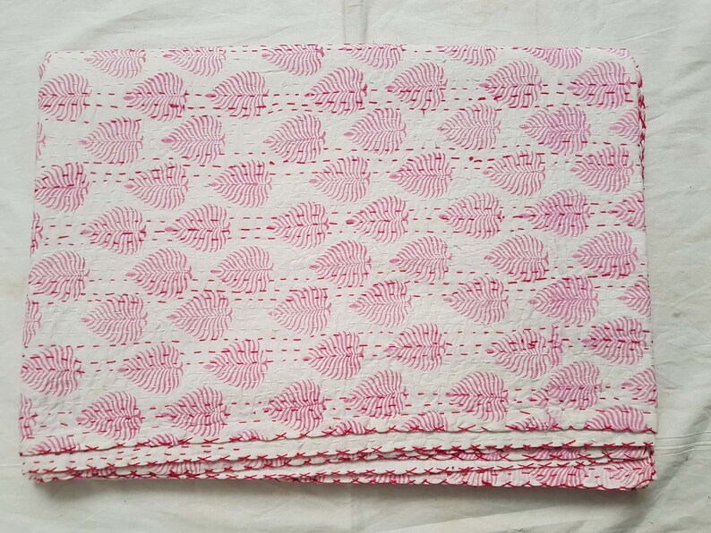 Pink Leaf Print Indian Handmade 100% Pure Cotton Bedspread - Etsy