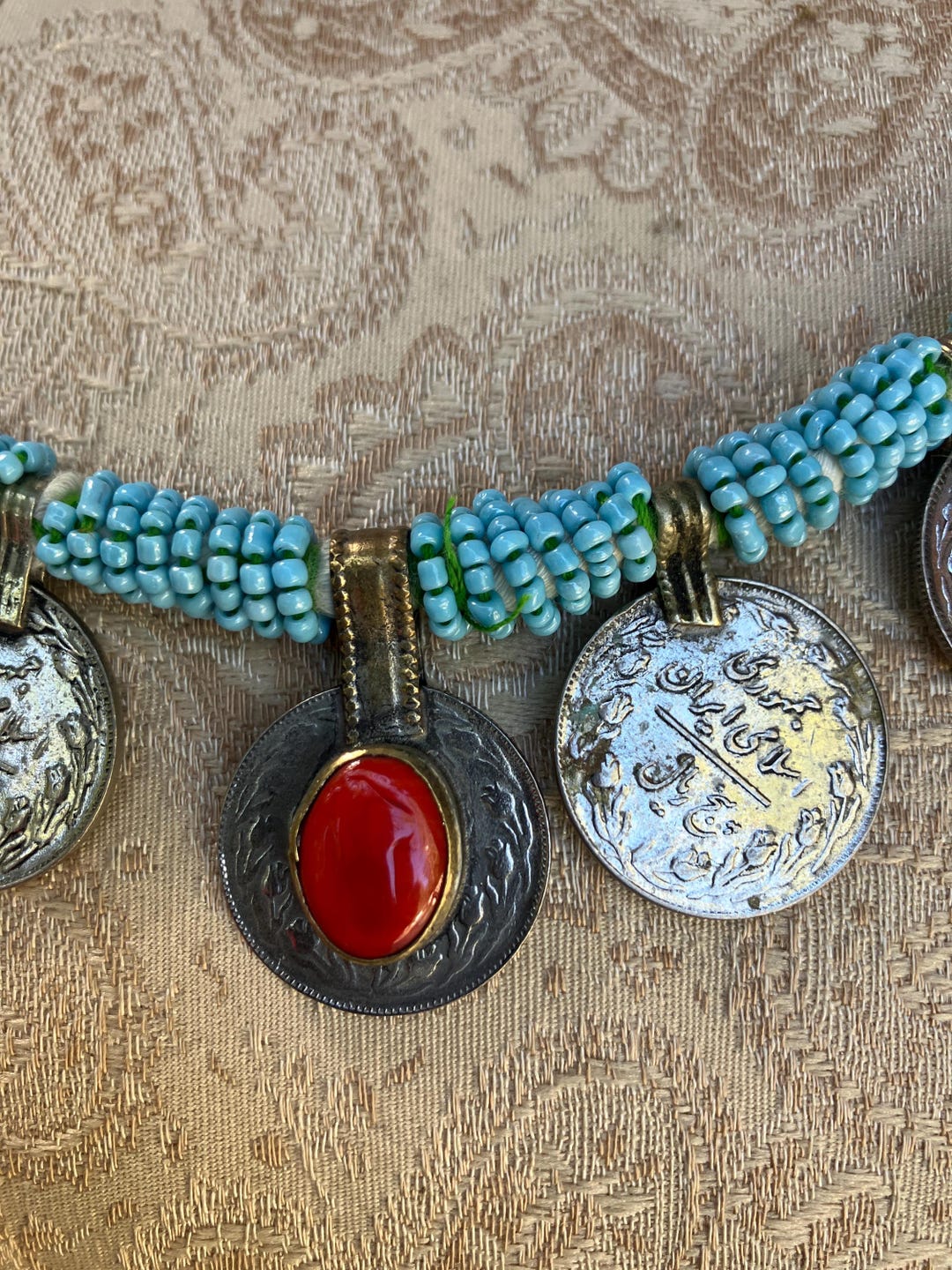 Afghan Kuchi Tribal Necklace: Blue Turquoise Bead & Coin Pendant - Etsy