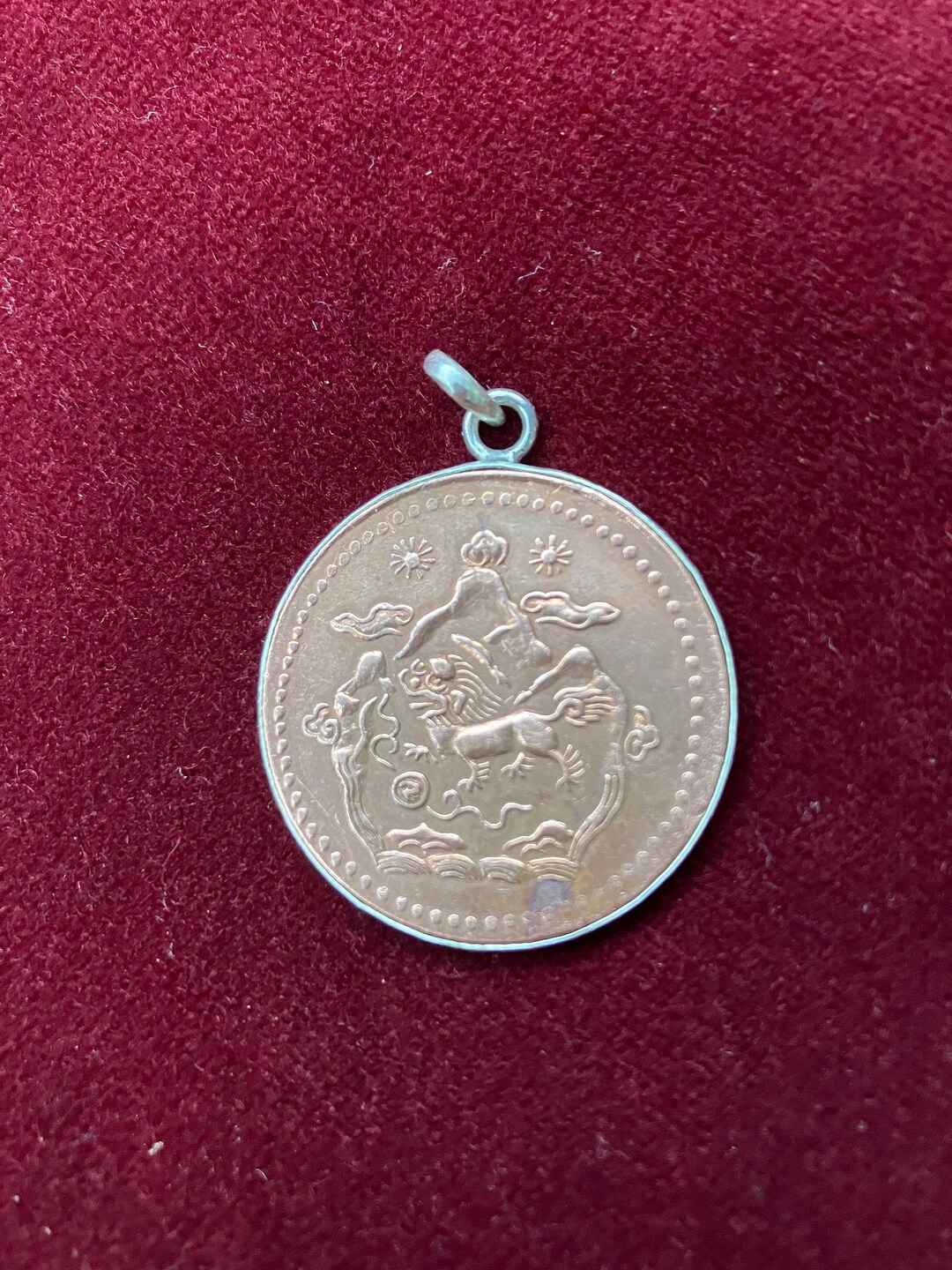 Tibetan Snow Lion Copper Coin Pendant: Set in Sterling Silver, (1949 ...