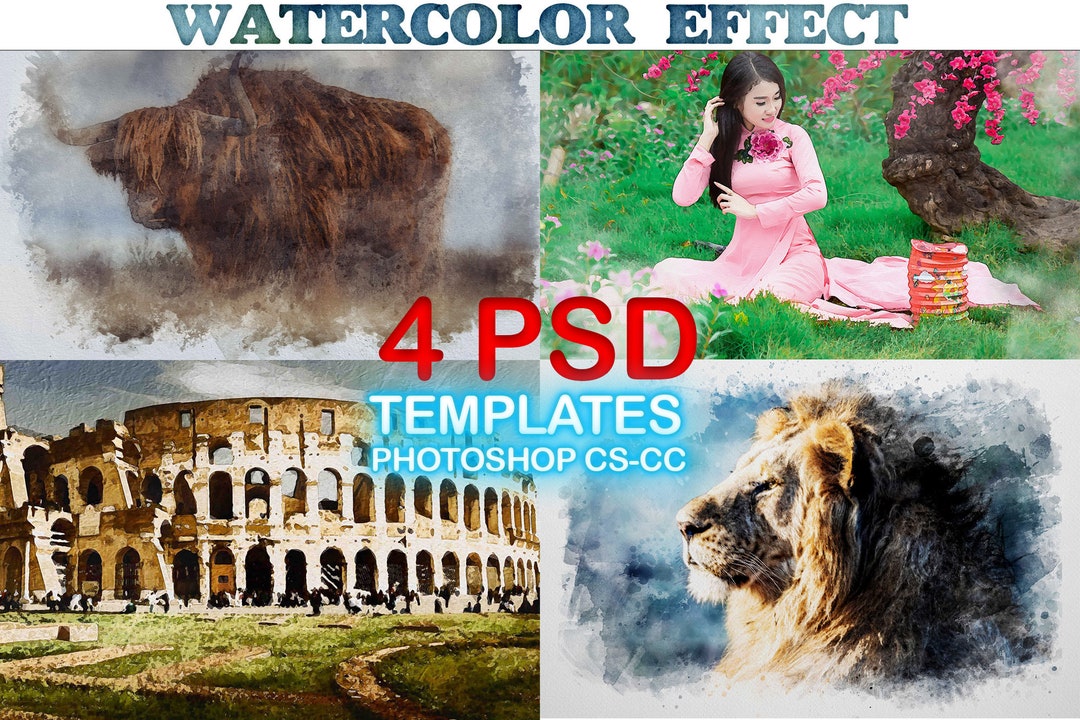 4 Watercolor Effects, Photoshop PSD Template, Watercolor Painting ...