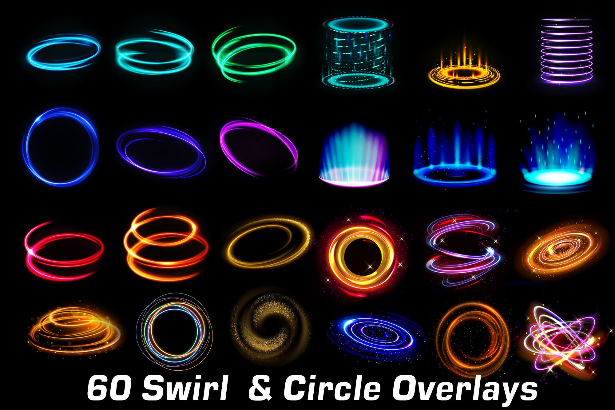 60 Lights Circle Overlays Neon Glowing Swirls Golden Spiral - Etsy