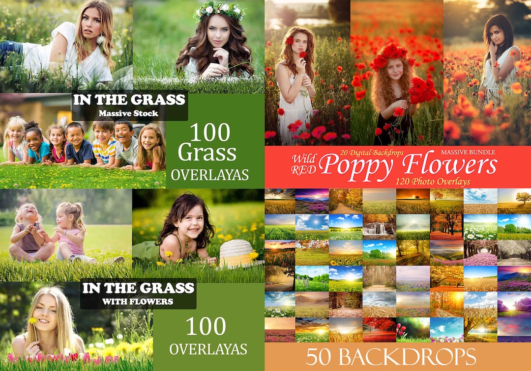 Grass Photo Overlays, Green Grass, Wild Poppies Overlays for Photoshop ...