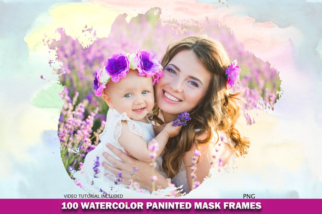 100 Watercolor Portrait Mask, Brush Paint Photo Frame Overlays ...