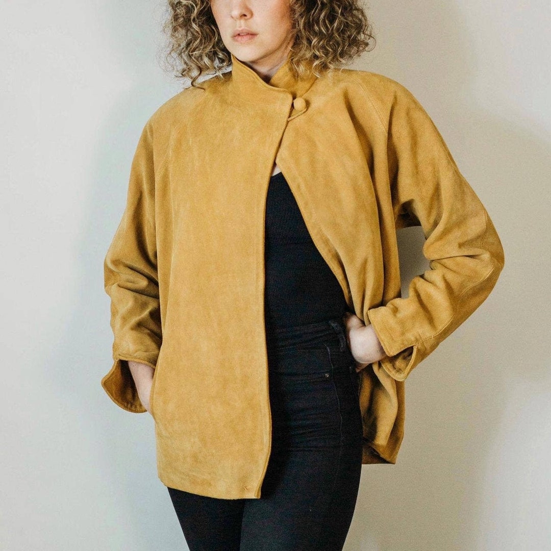 90s Boxy Mustard Yellow Heavy 100% Suede Jacket W/single Button Closure ...