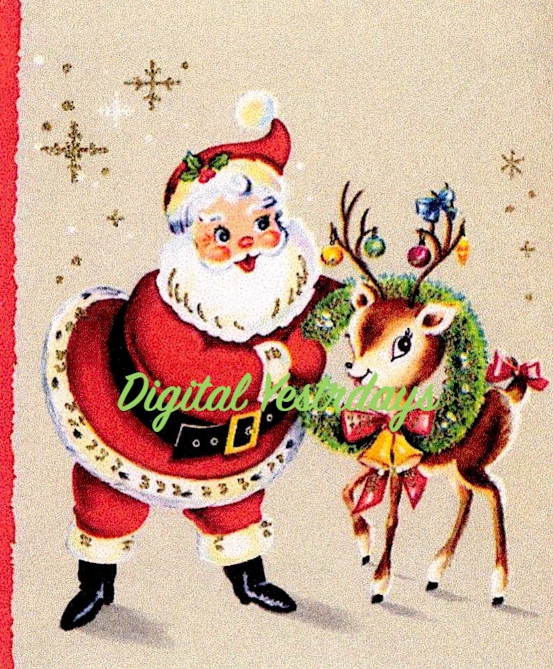 Vintage 1950s Santa Claus With Reindeer Holiday Greetings Winter Clip ...