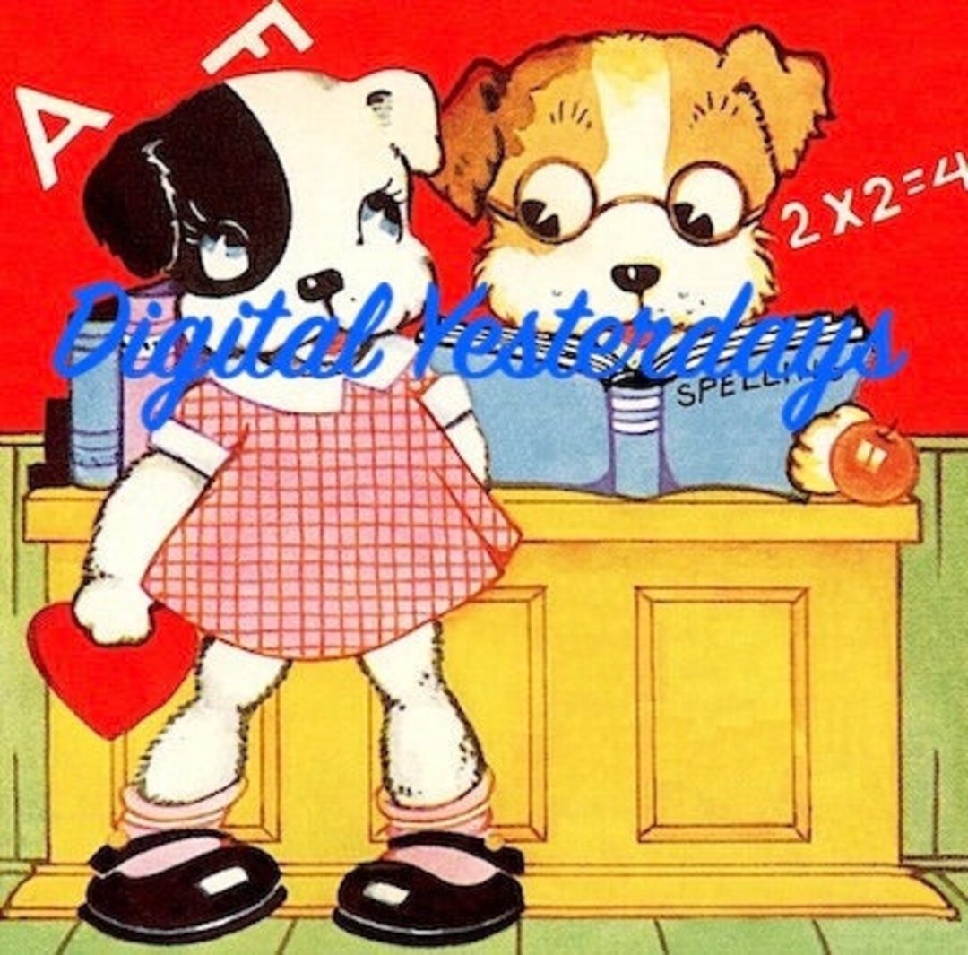 PRINTABLE Vintage Valentine Puppy Dog Student W/ Teacher Dog Color ...